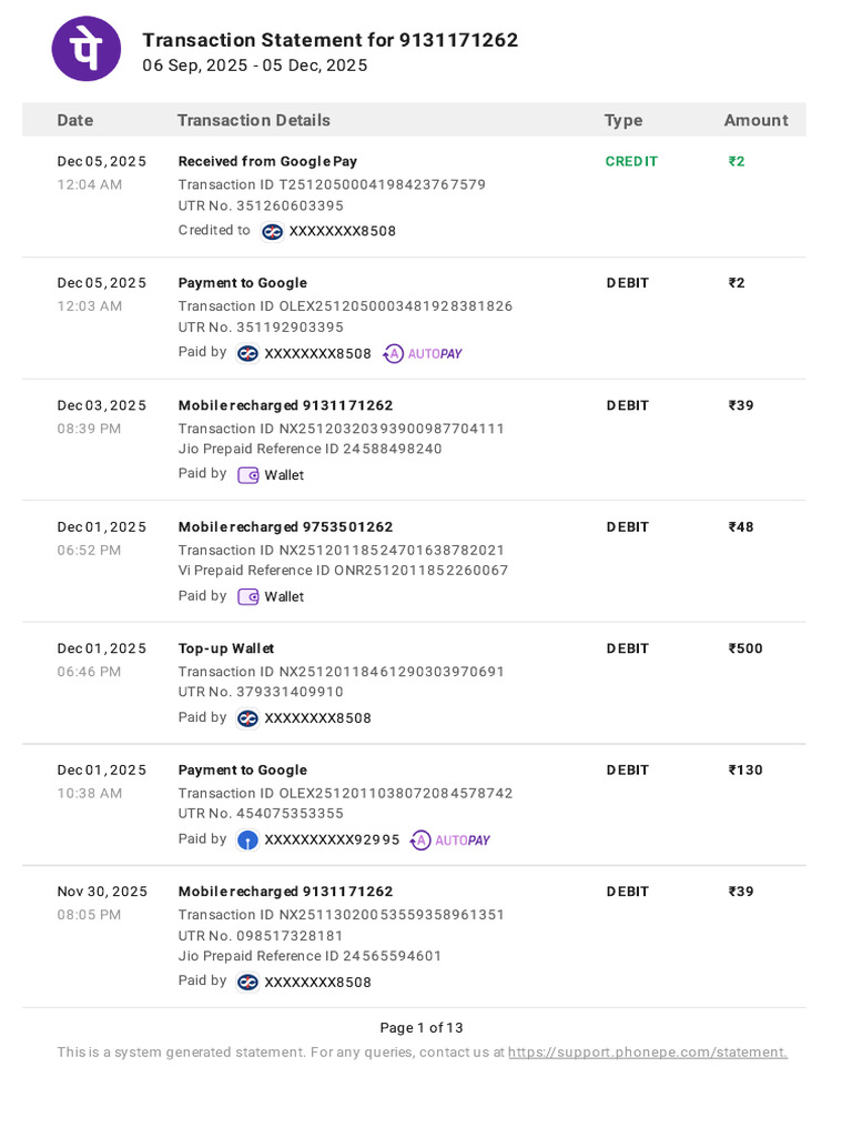 Transaction Statement for Mobile Recharges | PDF | Debit Card | Payments