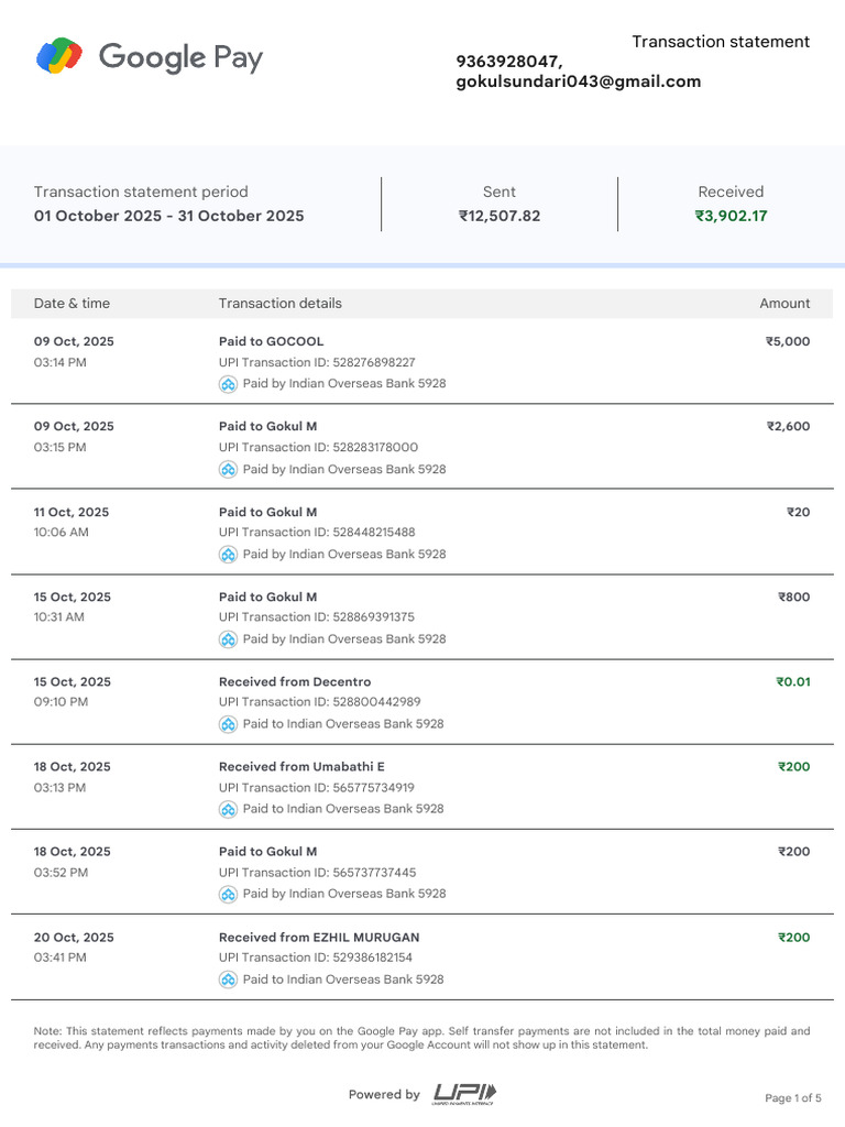 Google Pay Transaction Statement October 2025 | PDF | Reserve Bank Of ...