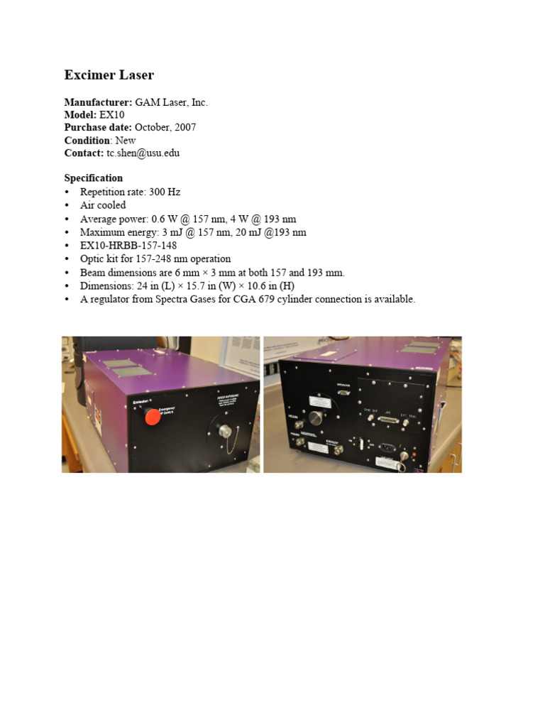 GAM EX10 Excimer Laser Specifications | PDF