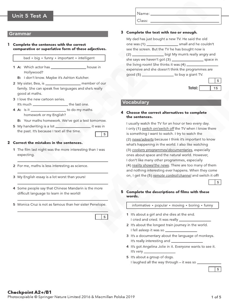 Checkpoint A2+ B1 Unit 5 Test A | PDF