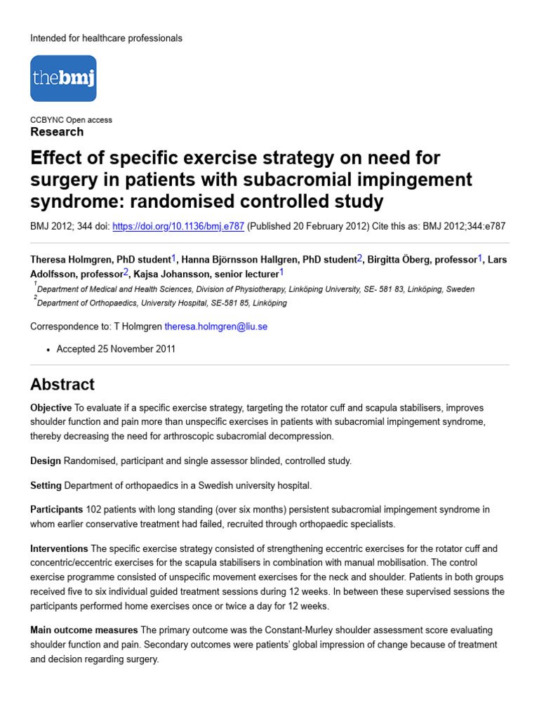 Effect of Specific Exercise Strategy on Need for Surgery in Patients With Subacromial ...
