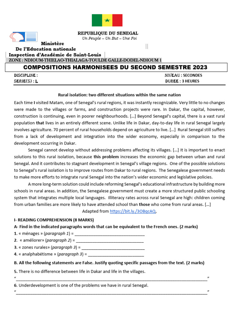 EPREUVE ANG 2nd L SEM2 23 | PDF | Senegal | Economies