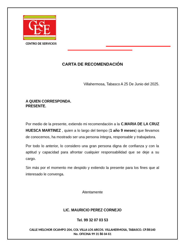 Carta de Recomendación para C. María Huesca | PDF