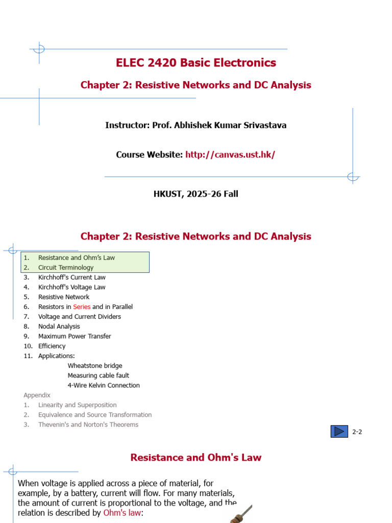 ELEC2420 2 DC Analysis 2025 26 1 | PDF | Electrical Network | Resistor