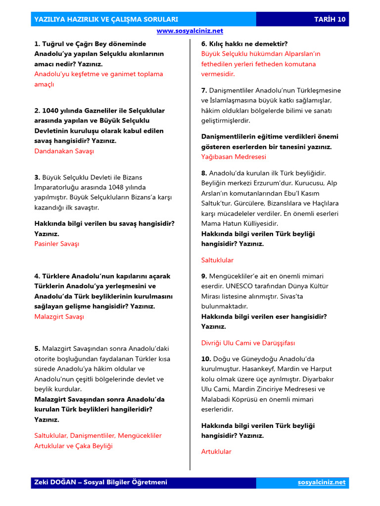 10.-SINIF-TARIH-YAZILIYA-HAZIRLIK-VE-CALISMA-SORULARI | PDF