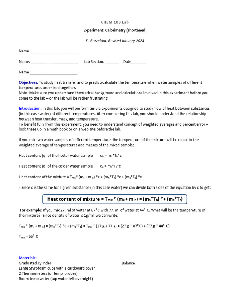 Calorimetry Lab: Heat Transfer Experiment | PDF | Temperature | Heat