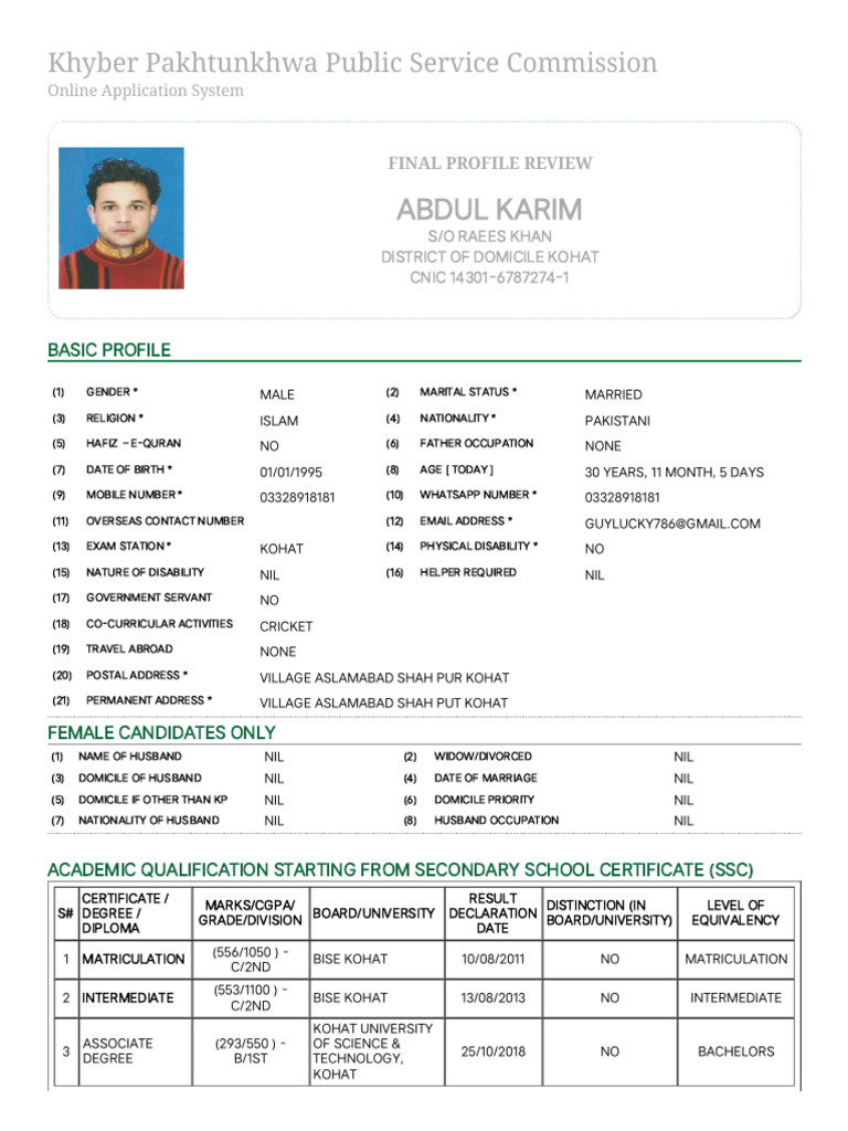 Final Profile Review For Submission - KP PSC Online Application System ...
