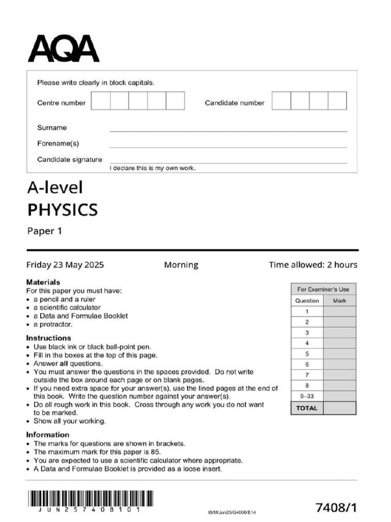 Aqa A Level Physics Paper 1 June 2025 Worked Exam Solutions 1 | PDF