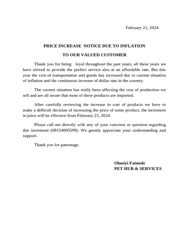 Price Increase Notice Due to Inflation | PDF