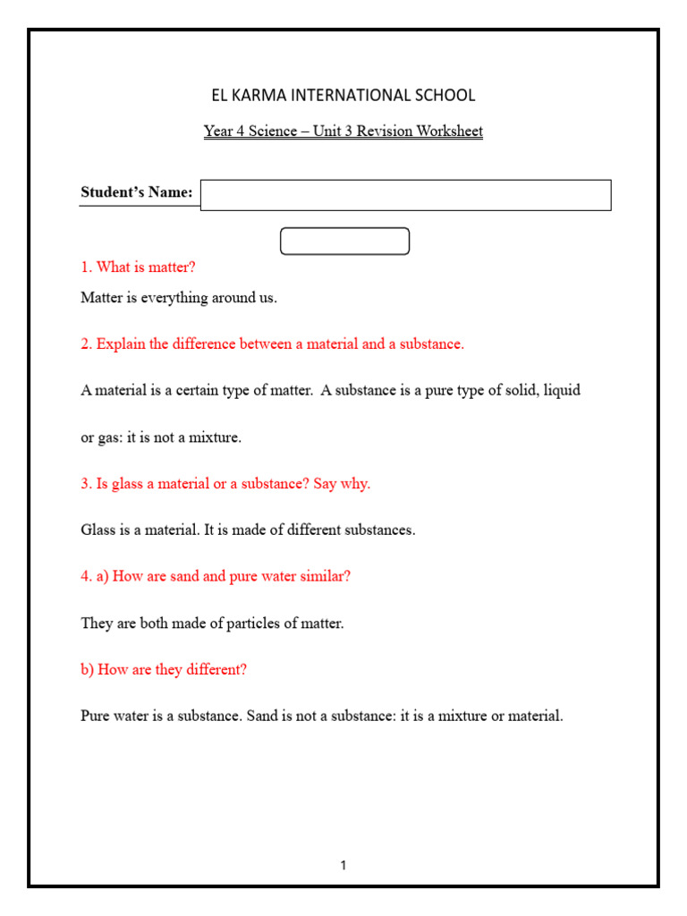 Year 4 Science: Matter & Materials Revision | PDF | Solid | Liquids