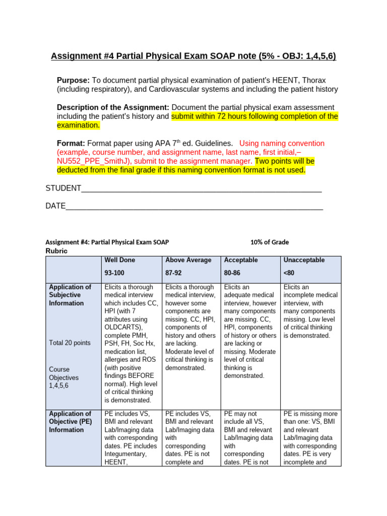 Assignment #4 Partial Physical Exam SOAP Note (5 - OBJ - 1,4,5,6) | PDF ...