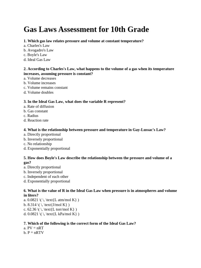 Gas Laws Assessment For 10th Grade | PDF | Gases | Mechanical Engineering