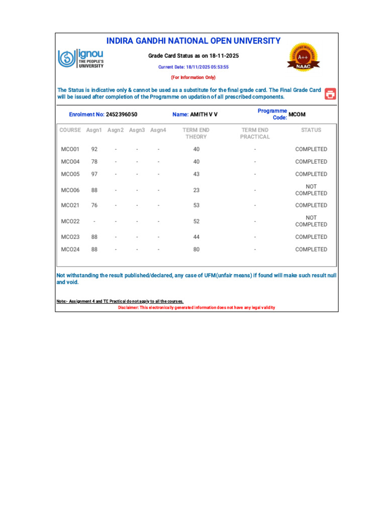 IGNOU Grade Card | PDF