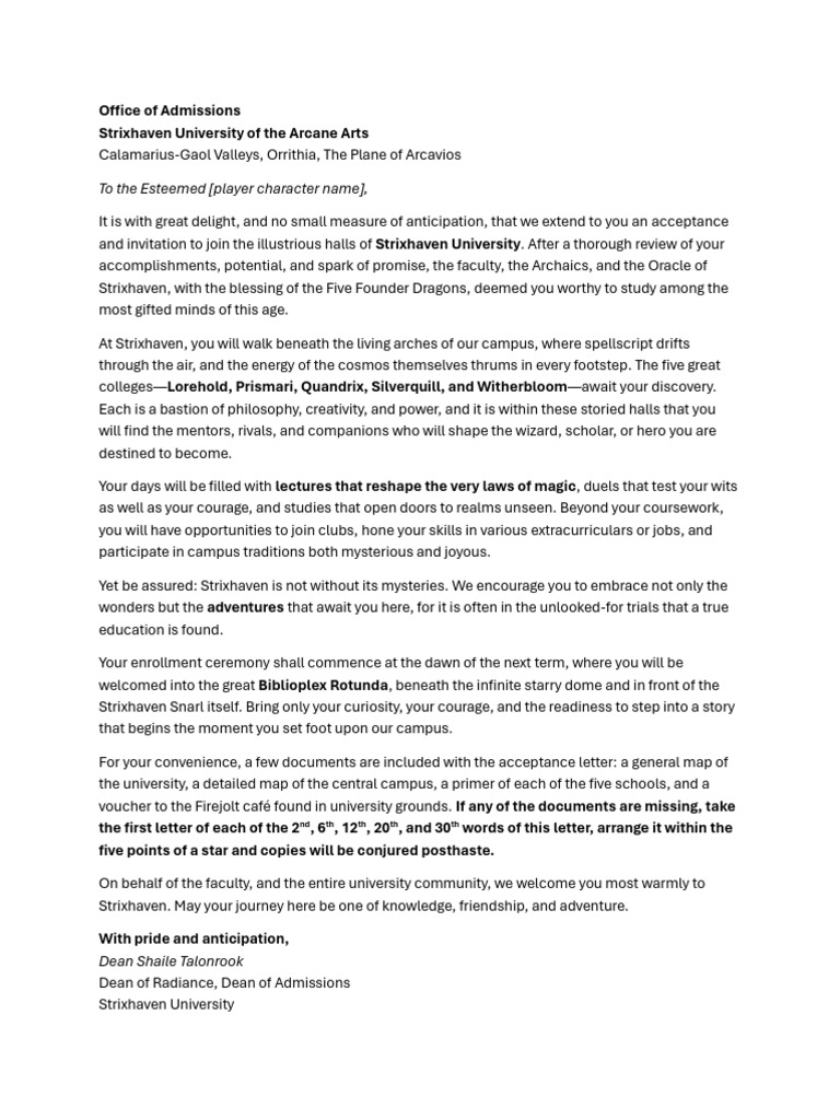 Strixhaven 5e DND Admission Letter | PDF
