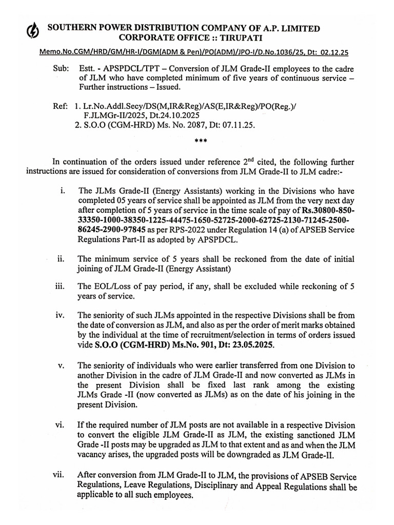 APSPDCL JLM Grade-II Conversion Guidelines | PDF | Government | Governance