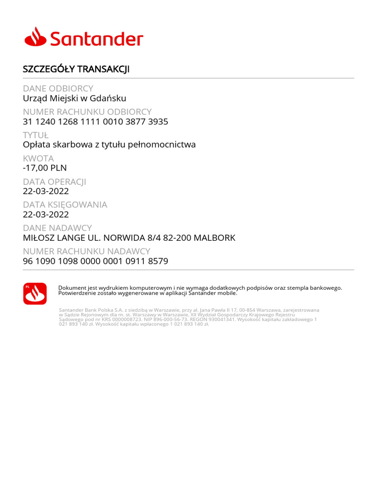 Potwierdzenie Transakcji Santander Bank Polska SA 22-03-2022 0 | PDF