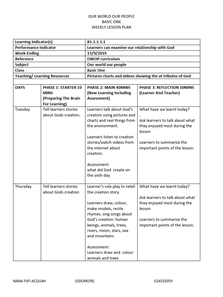 Basic One Weekly Lesson Plan: OWOP | PDF | Learning | Lesson Plan