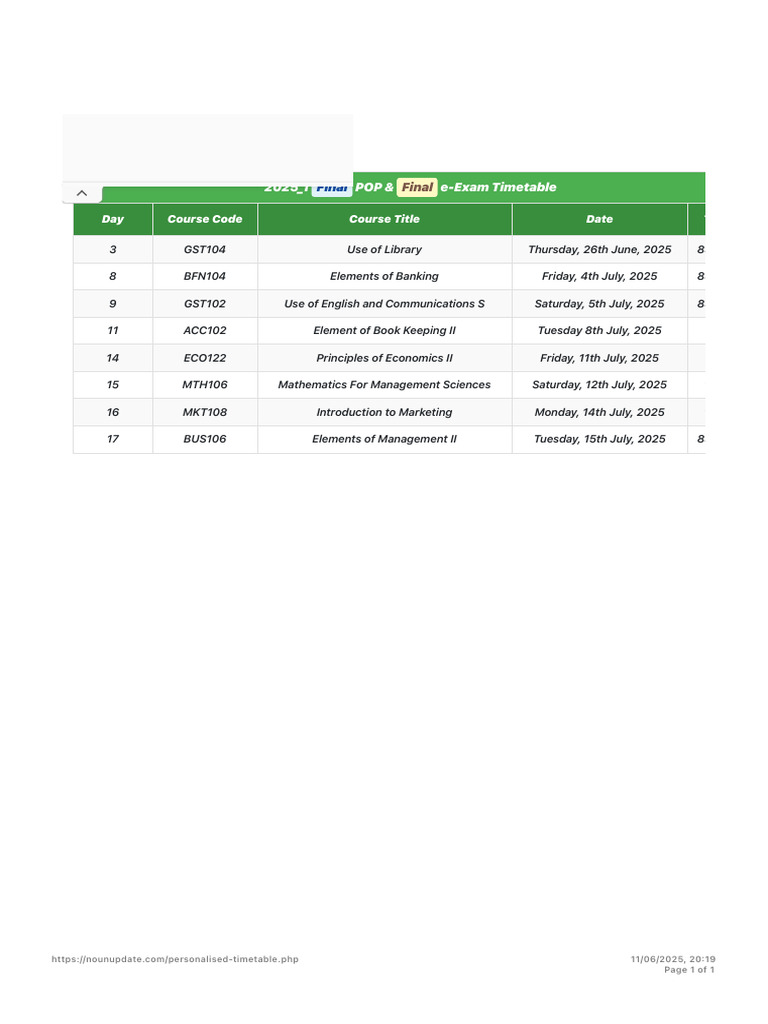 2025 Final Exam Timetable Overview | PDF