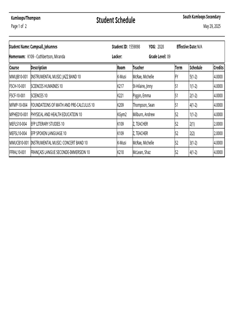 South Kamloops Secondary Student Schedule | PDF