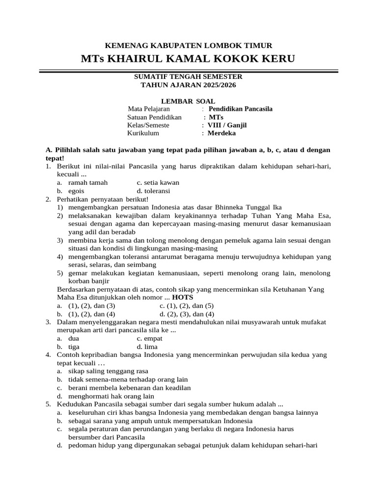 Soal Pas Ppkn Kelas Viii.ganjil 2025 | PDF
