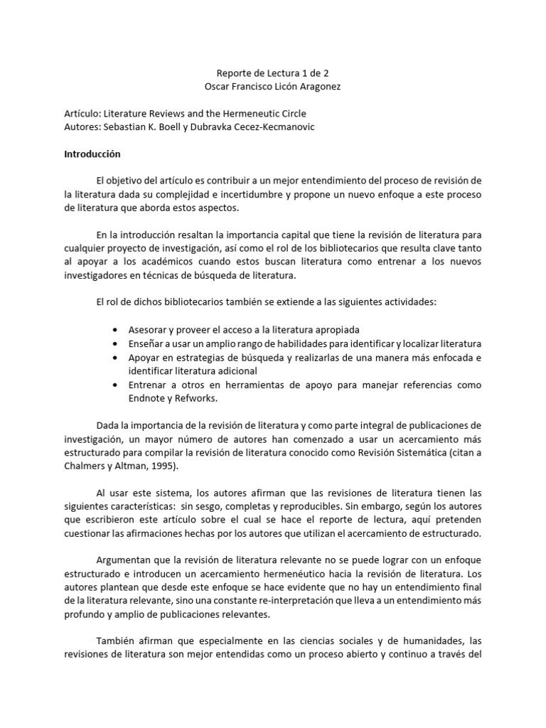 Reporte de Lectura - Literature Reviews and The Hermeneutic Circle ...