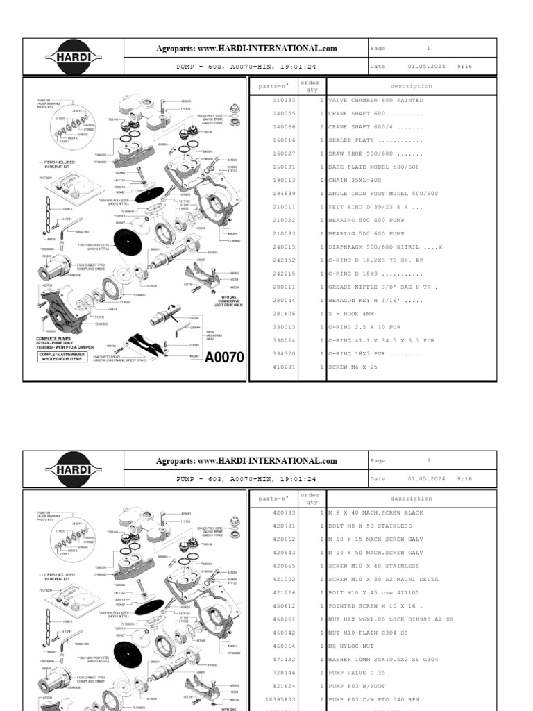 HARDI Pump 603 Parts List and Order | PDF | Screw | Pump