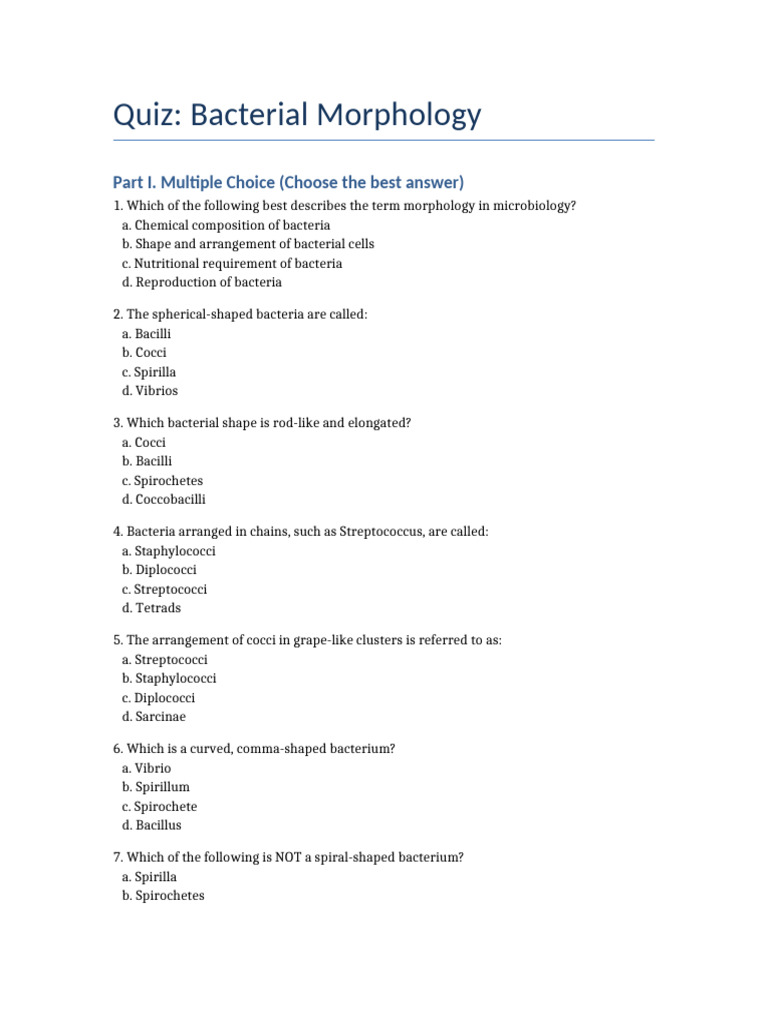 Bacterial Morphology Quiz | PDF