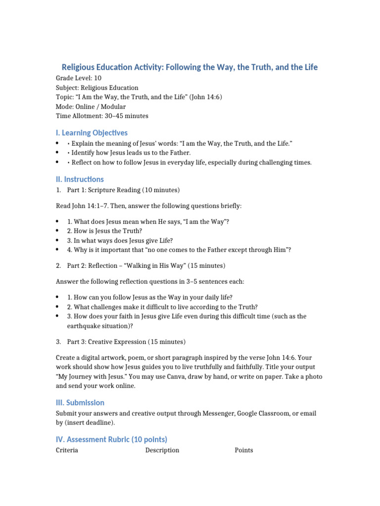 Following the Way Truth Life Activity | PDF