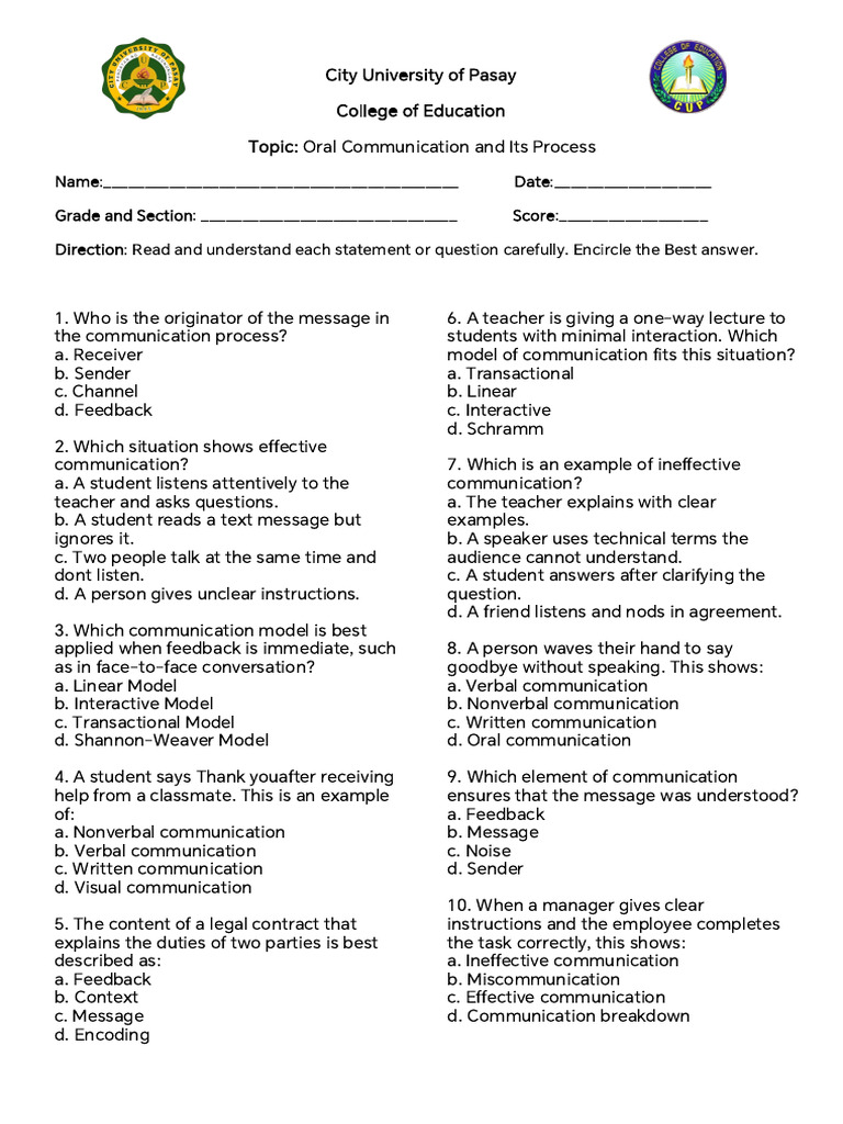 Oral Communication Process Quiz | PDF | Communication | Nonverbal ...