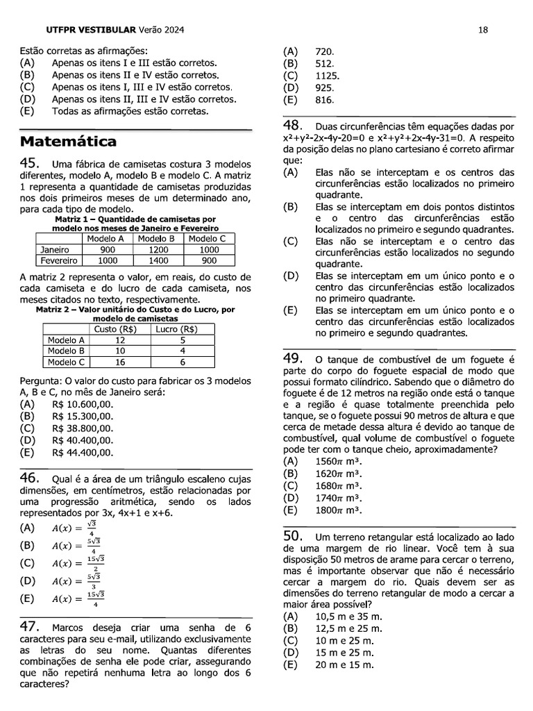 Vest Utfpr 2024 Verao Mat | PDF
