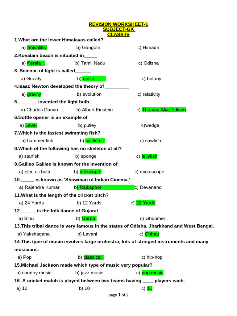 IV Gk Revision Worksheet | PDF