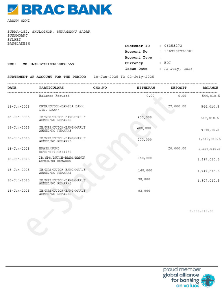 BRAC Bank Account Statement Summary | PDF | Personal Finance | Banking