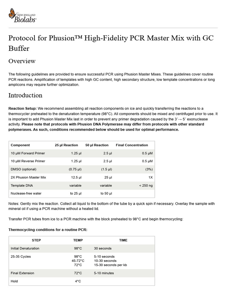 Phusion High-Fidelity PCR Protocol | PDF | Polymerase Chain Reaction ...