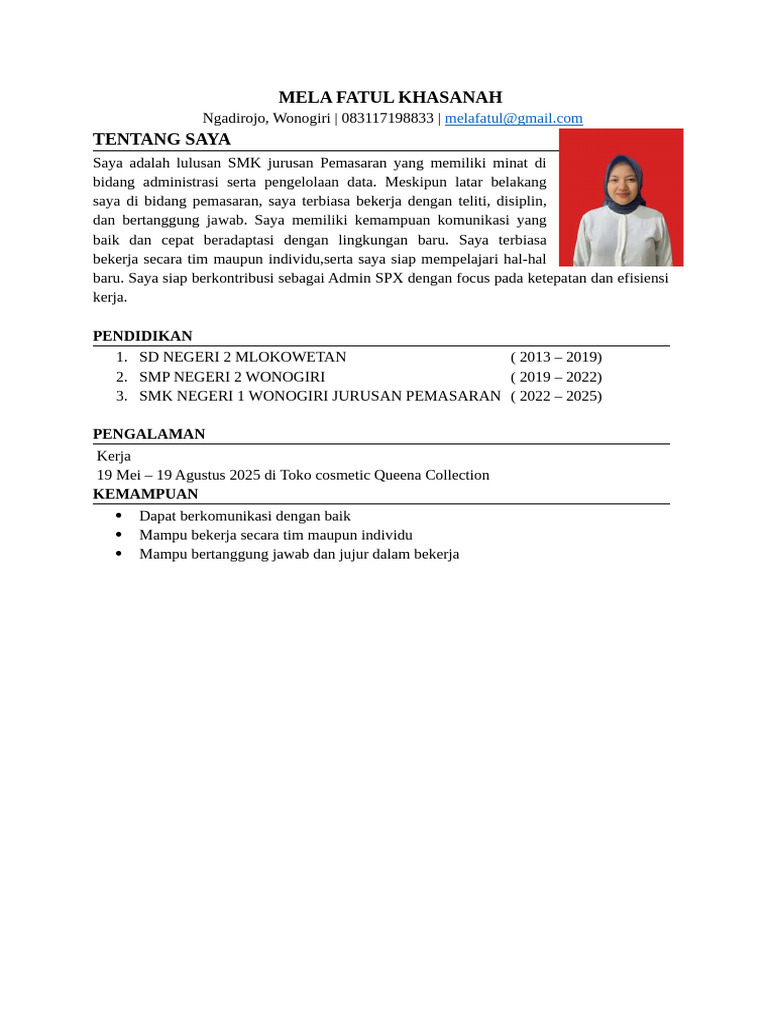 Profil Mela Fatul Khasanah: Admin SPX | PDF