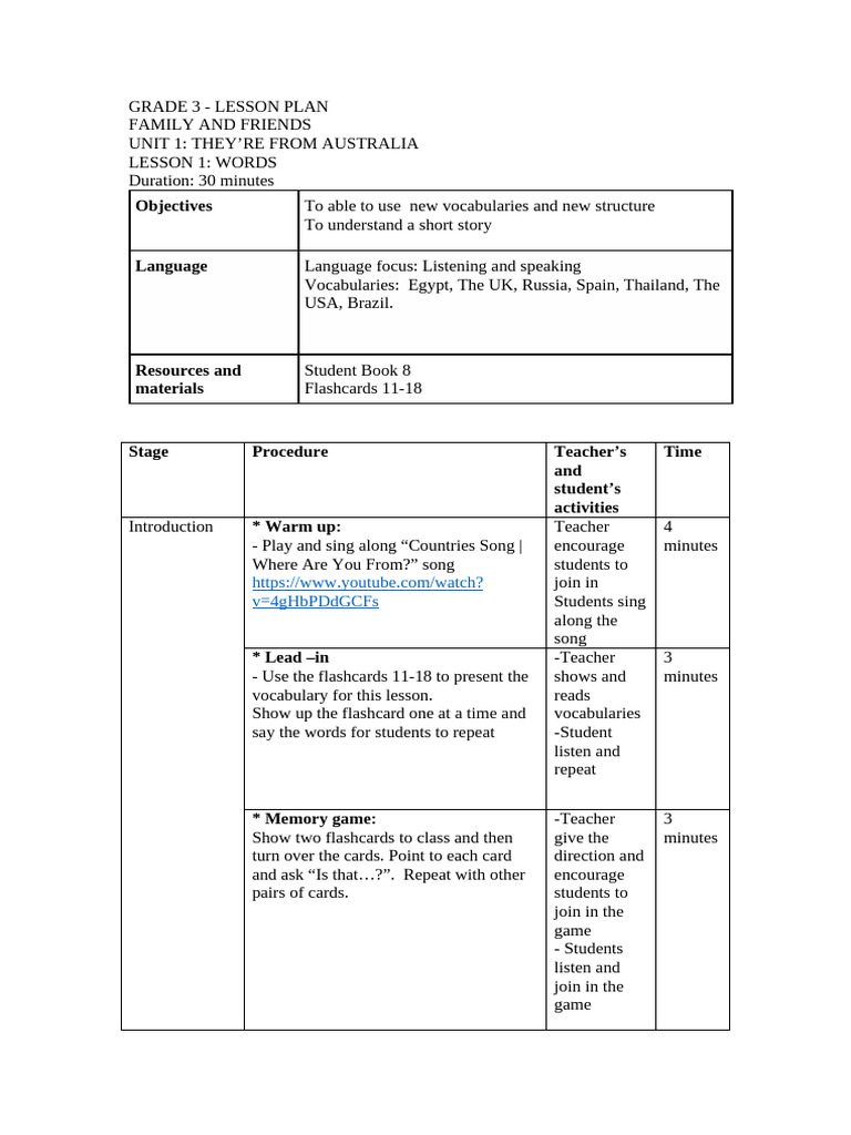 Grade 3 Lesson Plan: Countries Vocabulary | PDF | Vocabulary ...