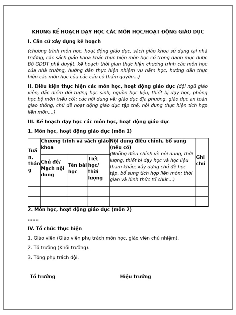 2. Khung KHDH Môn Học-HĐGD-M1-Tiểu Học | PDF