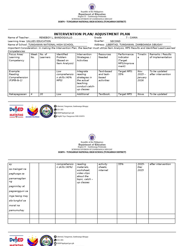 Intervention Plan Q2 ValuesEducation 7CAMIA | PDF | Reading ...