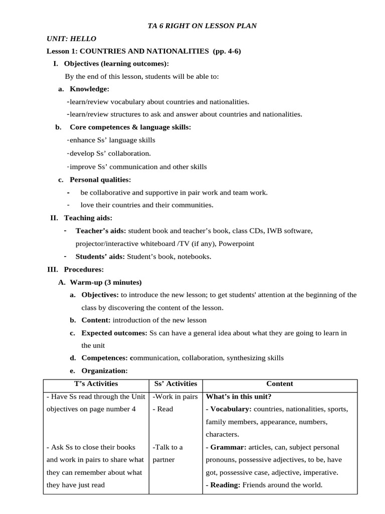 Countries and Nationalities Lesson Plan | PDF | Verb | Lesson Plan