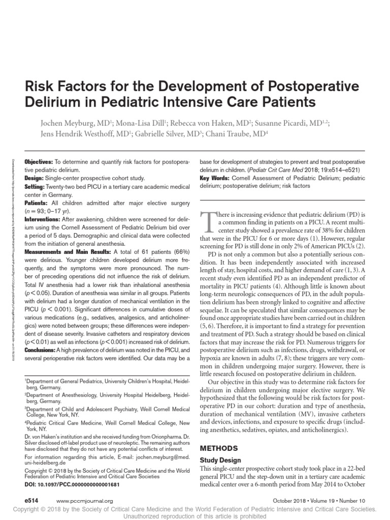 Risk Factors for the Development of Postoperative Delirium in Pediatric ...
