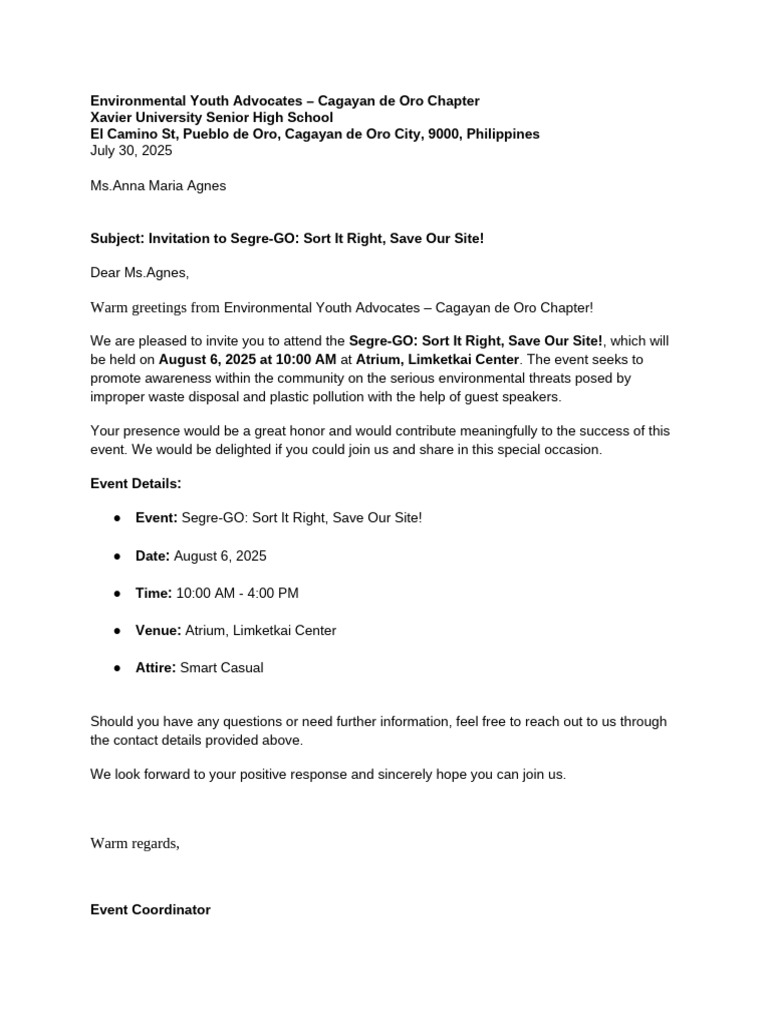 Hypothetical Invitational Letter | PDF