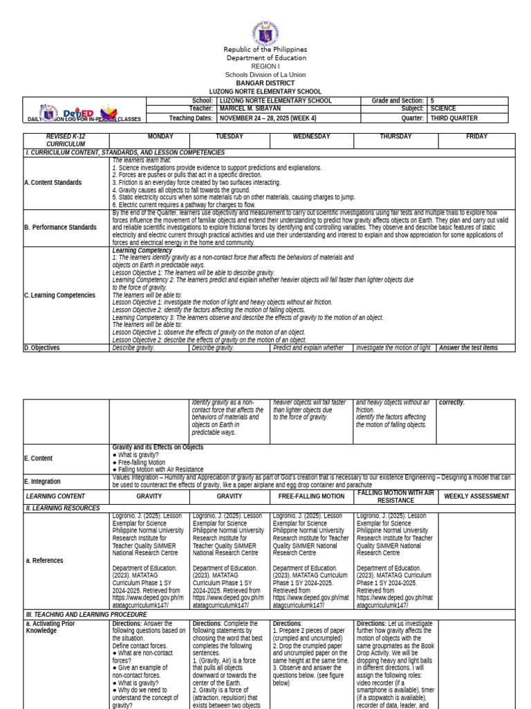 G5_SCIENCE_DLL_Q3_W4 | PDF | Force | Gravity