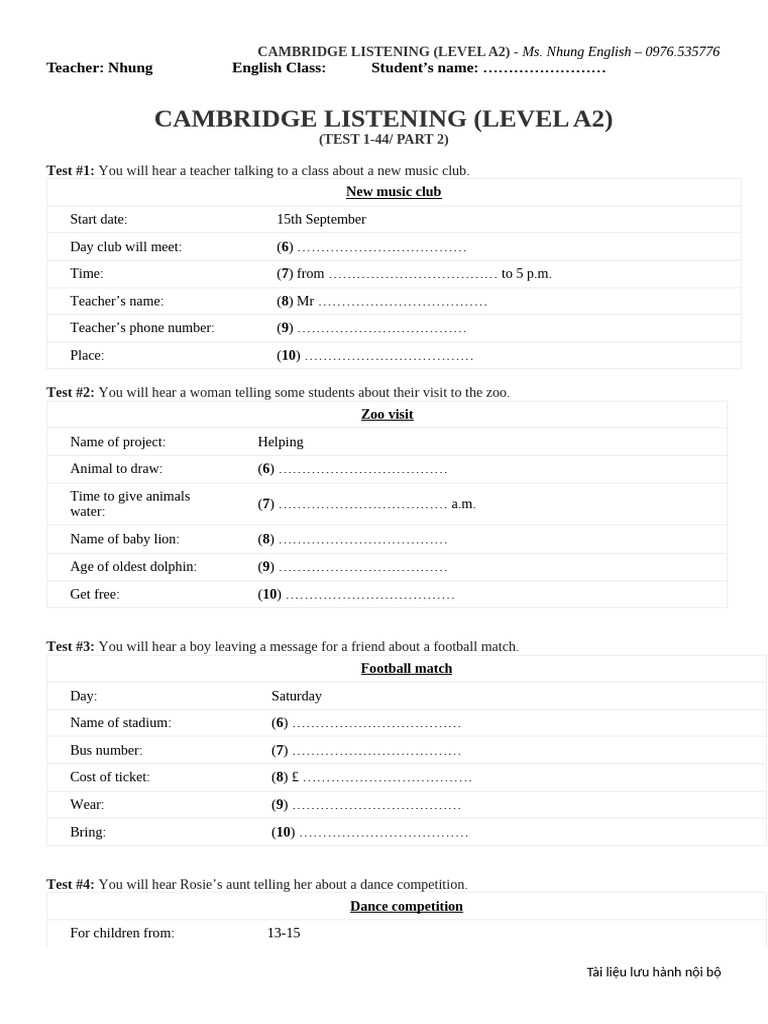 A2 Listening Test 1-44 | PDF