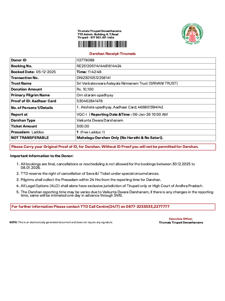 Tirumala Darshan Receipt Details | PDF