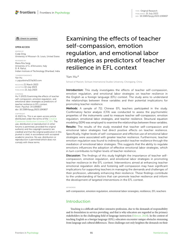Examining The Effects of Teacher Self Compassion Emotion Regulation and ...