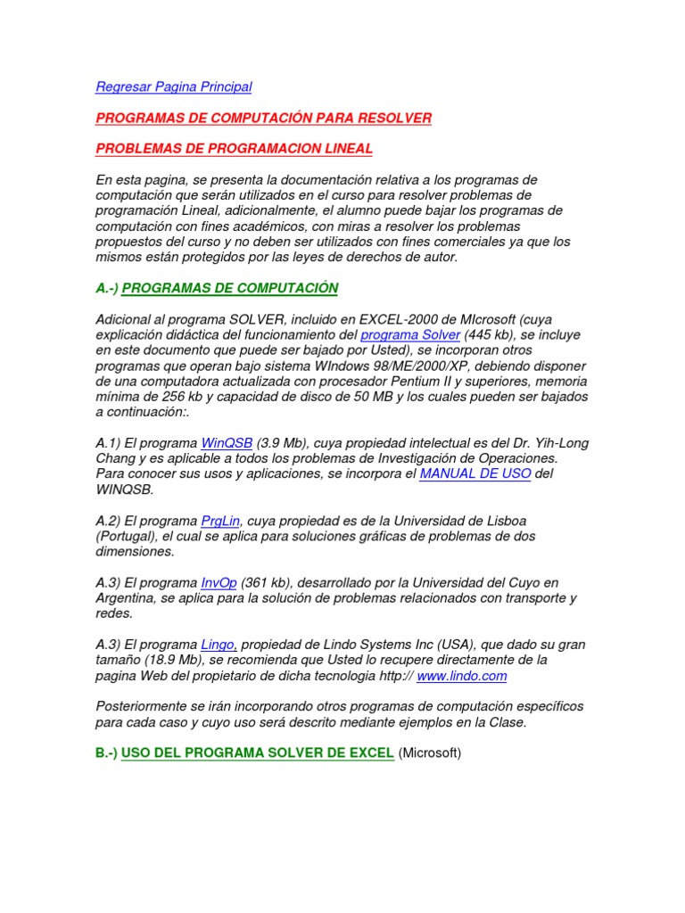 Excel para Resolver Programacion Lineal | Descargar gratis PDF ...