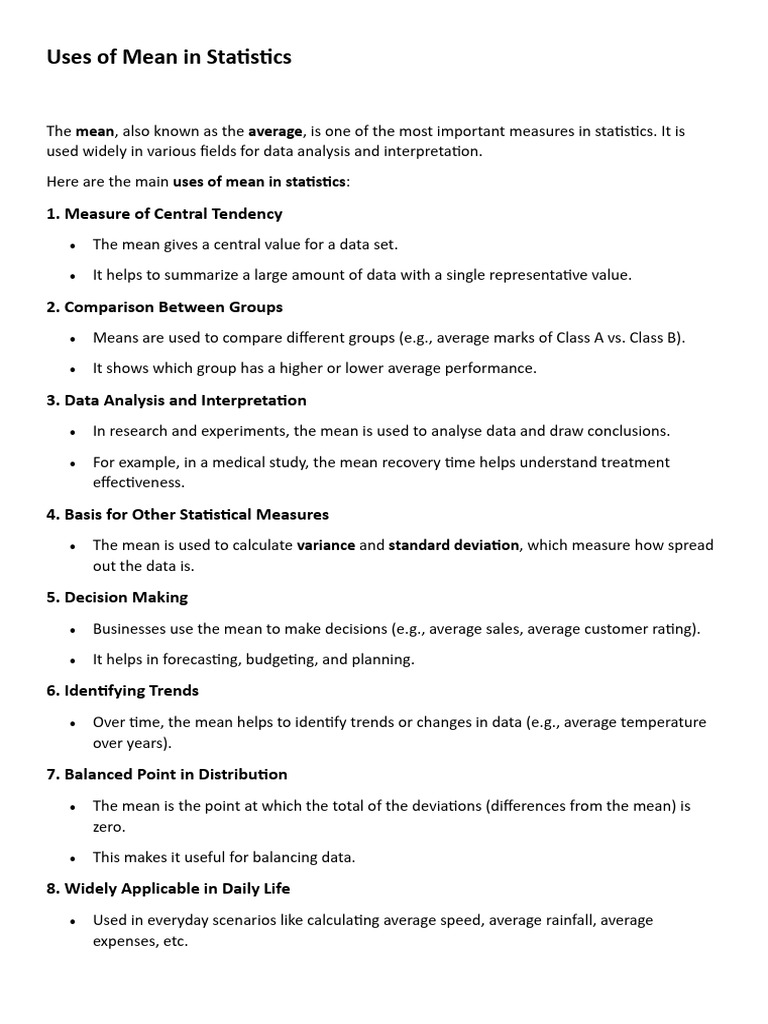 Key Uses of Mean in Statistics | PDF | Mode (Statistics) | Mean