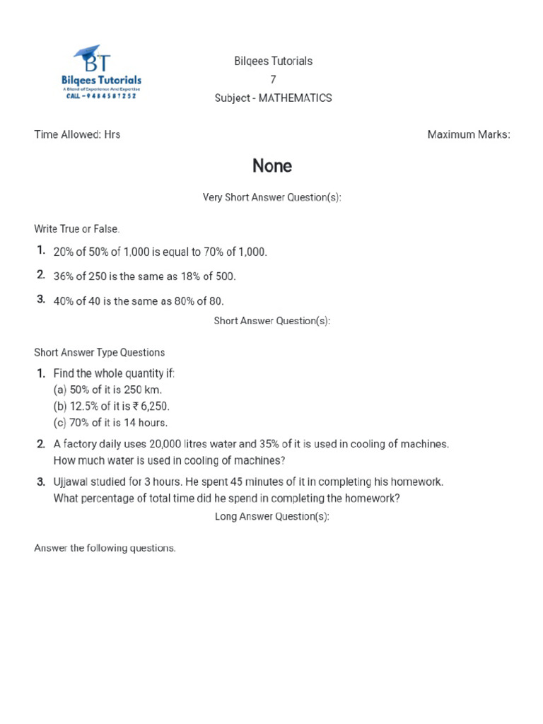 Bilqees Tutorials - 7-MATHEMATICS | PDF