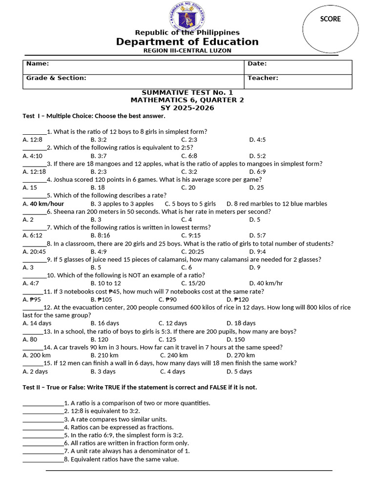 Mathematics 6 Summative Test Quarter 2 | PDF | Ratio | Mathematics
