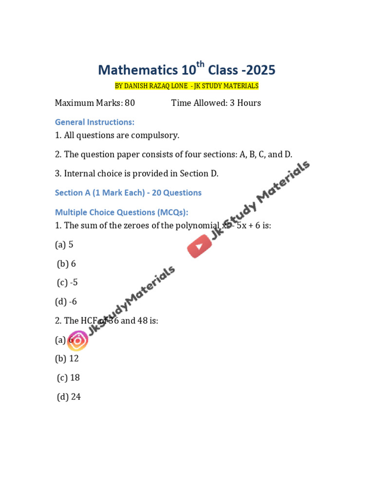 10th Math 2025 - Sample Paper 2025 | PDF | Circle | Elementary Geometry