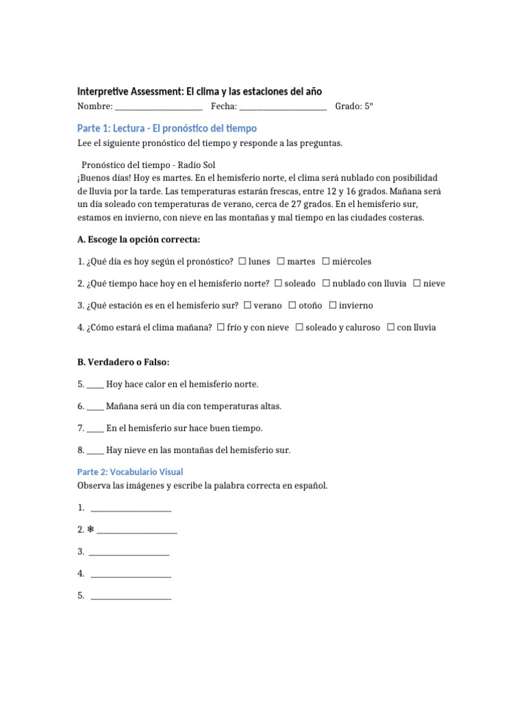 Unit 6 Interpretive - Assessment - Clima - Estaciones #1 | PDF